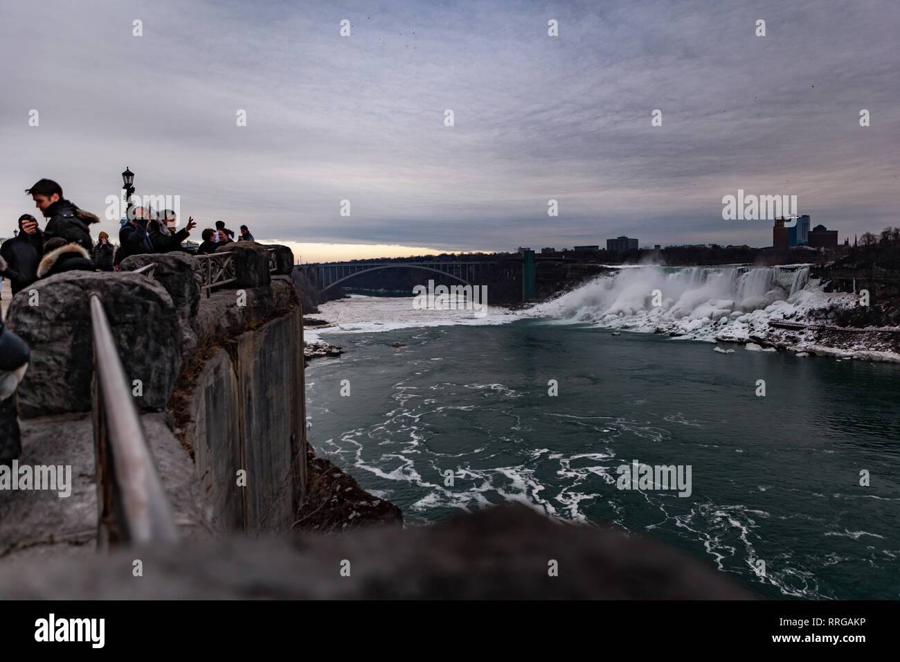 Winter frozen view at the Rainbow bridge, steel arch bridge connecting ...
