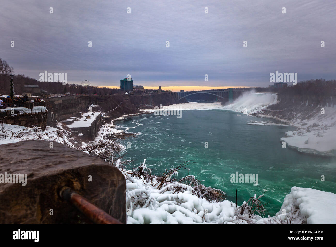 Winter frozen view at the Rainbow bridge, steel arch bridge connecting ...
