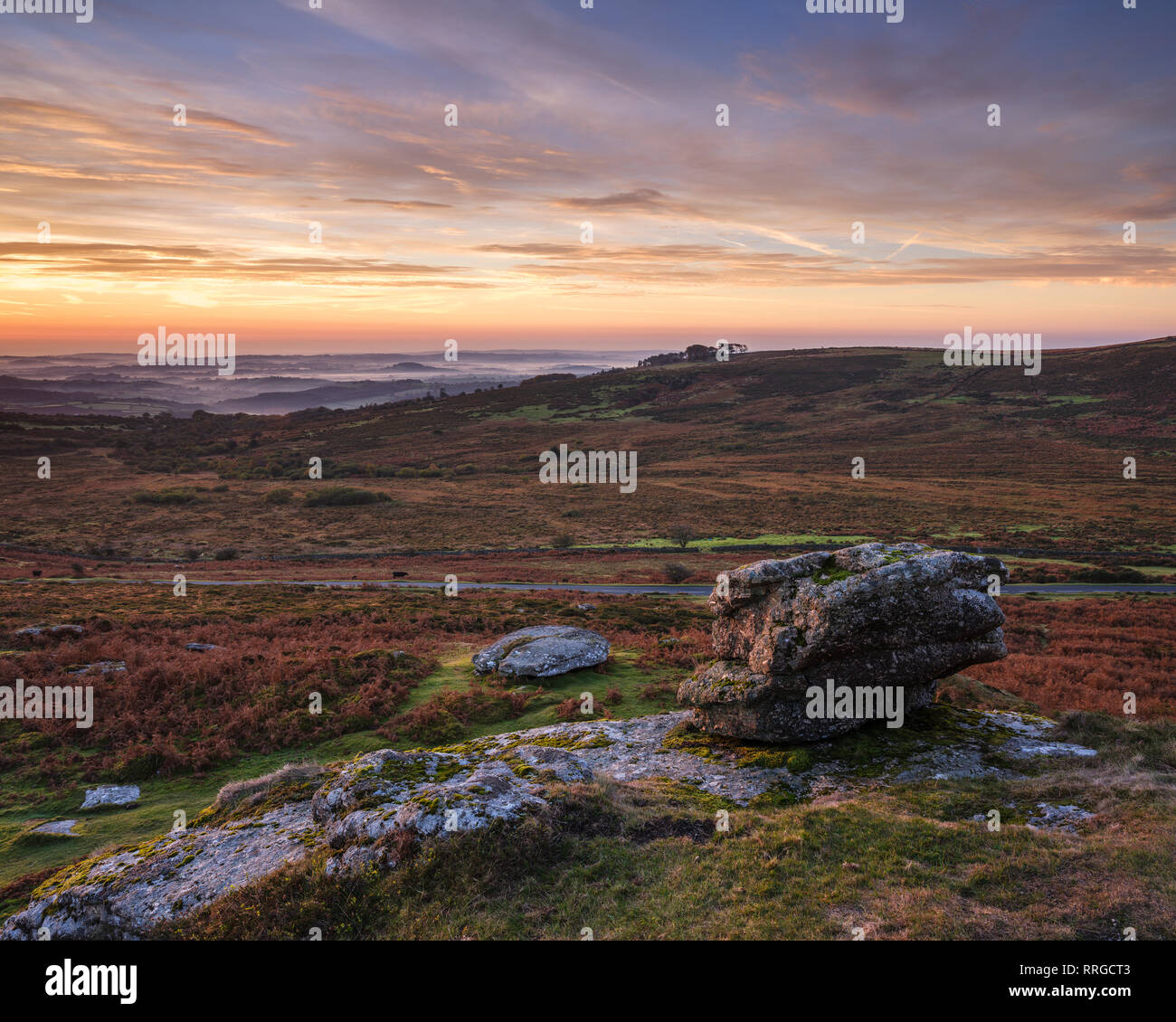 Twilight from the summit of Saddle Tor with mist in the Teign Valley ...