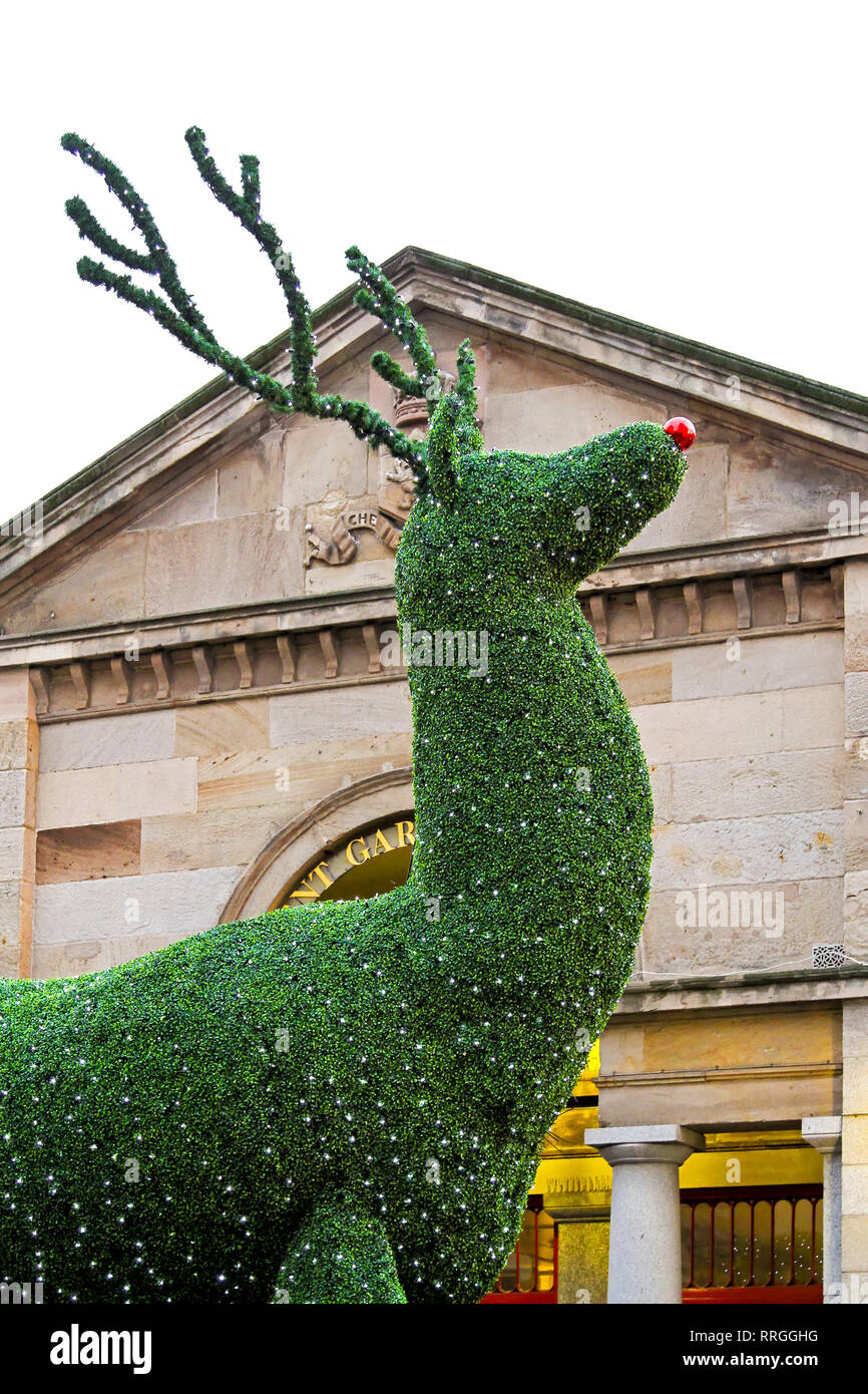 Christmas decorative evergreen tree in shape of deer on the street ...