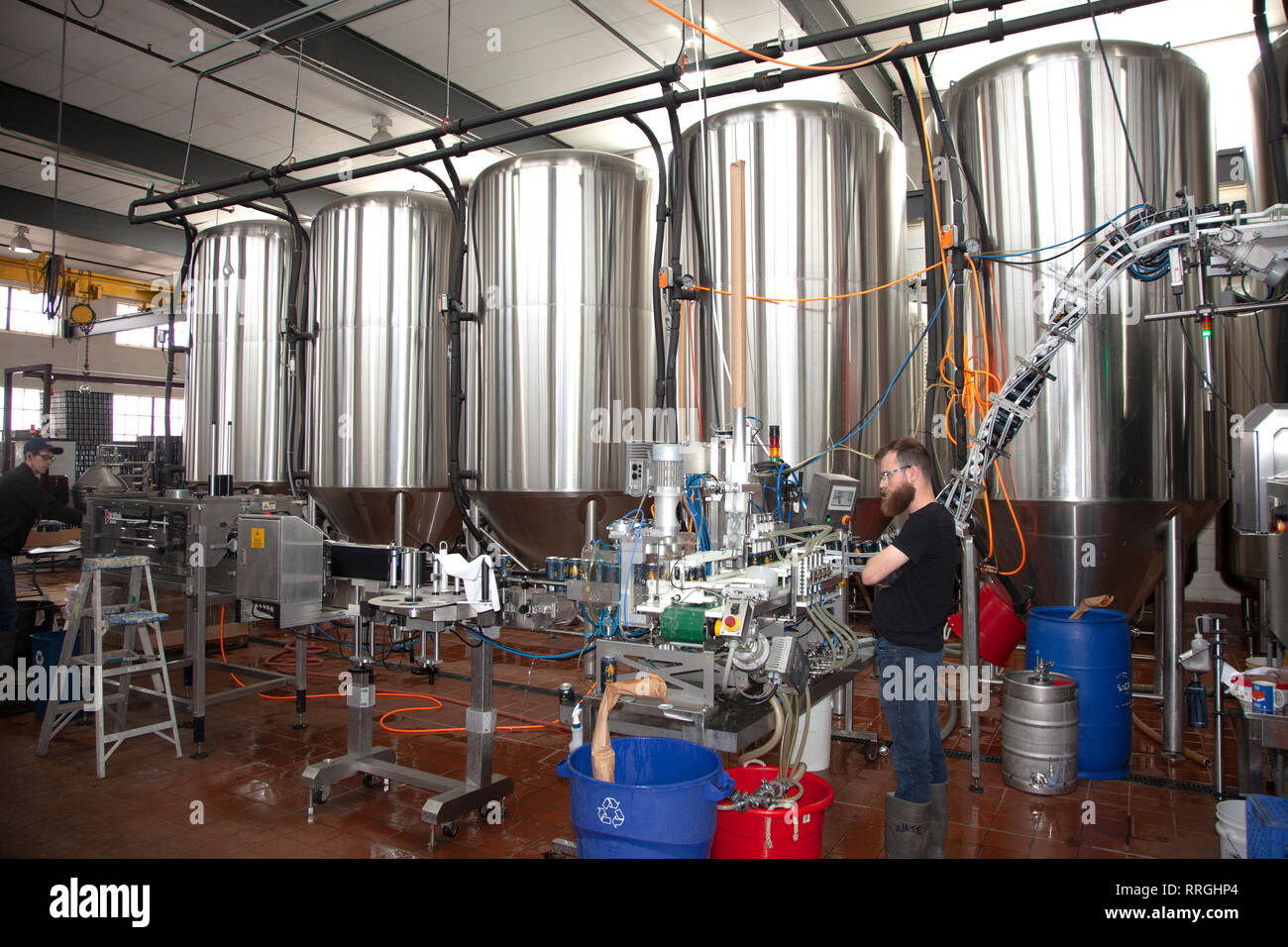 Fermenting tanks of beer in the brewing room guided by workers at the ...