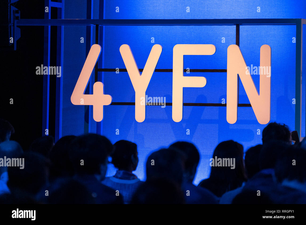 The 4YFN fair logo is seen during a conference. In parallel to the MWC ...