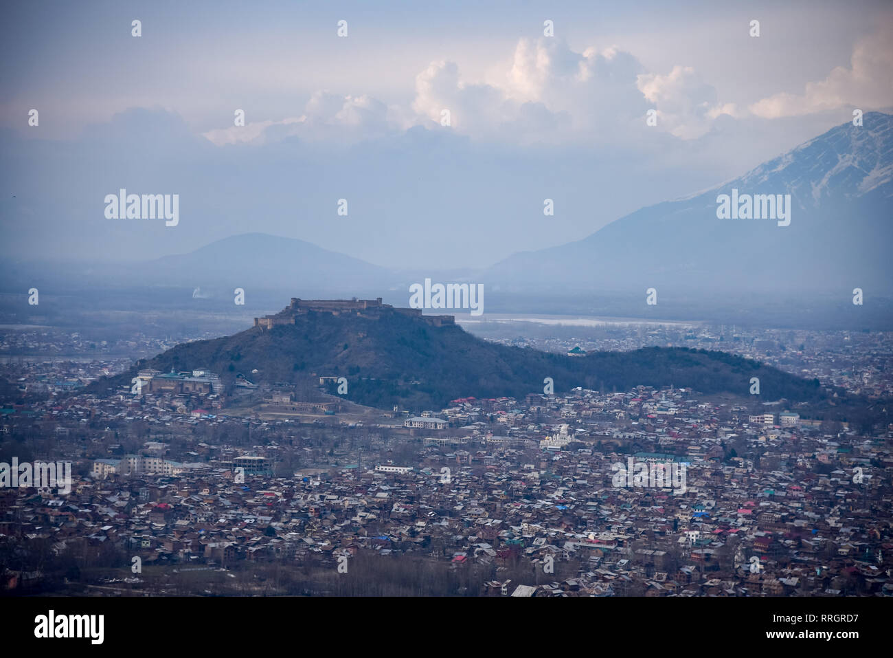 An aerial view of Srinagar city with a backdrop of Hari Parbat from ...