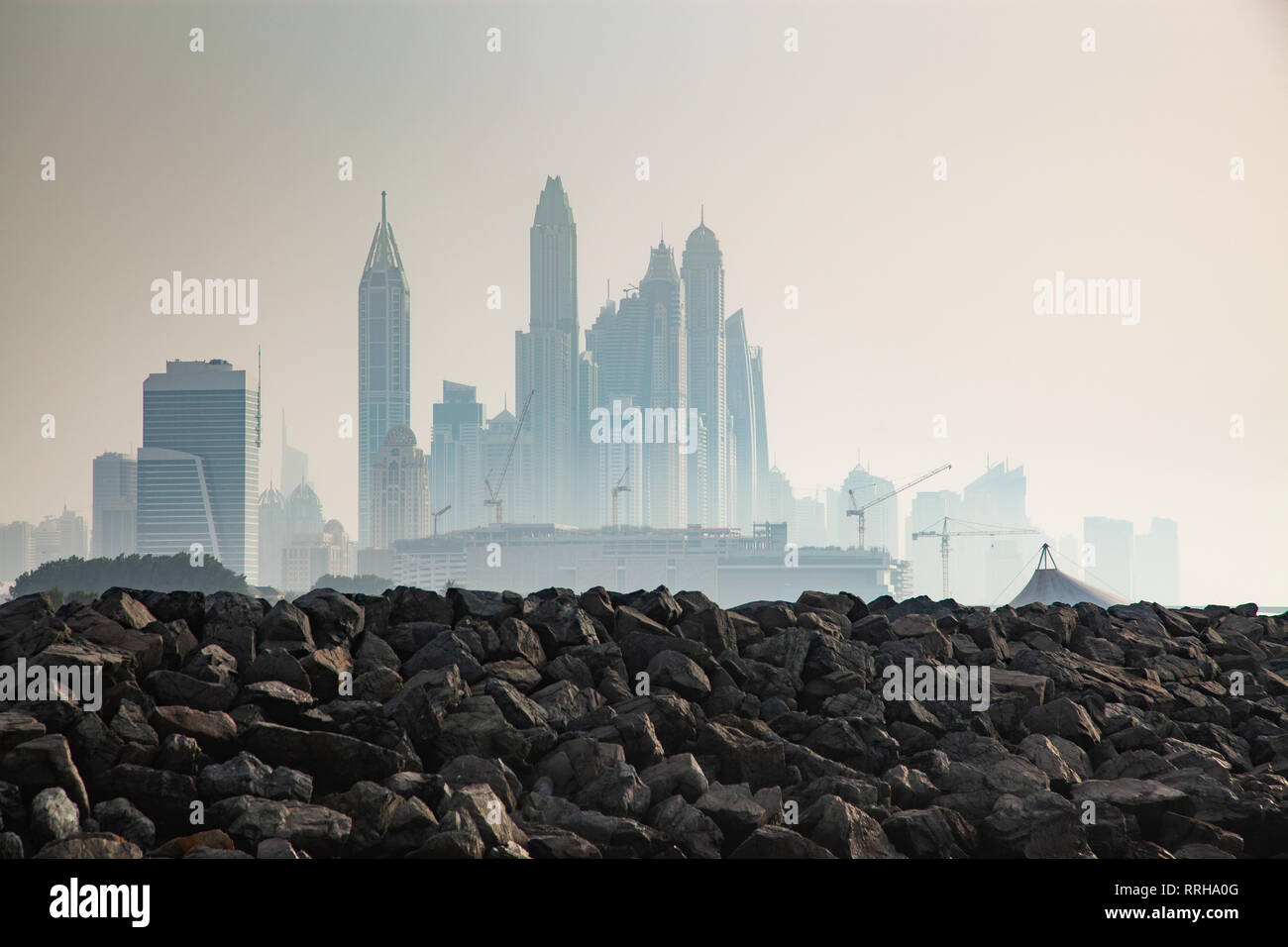 skyscrapers in the distance in Dubai in haze - traffic pollution Stock ...