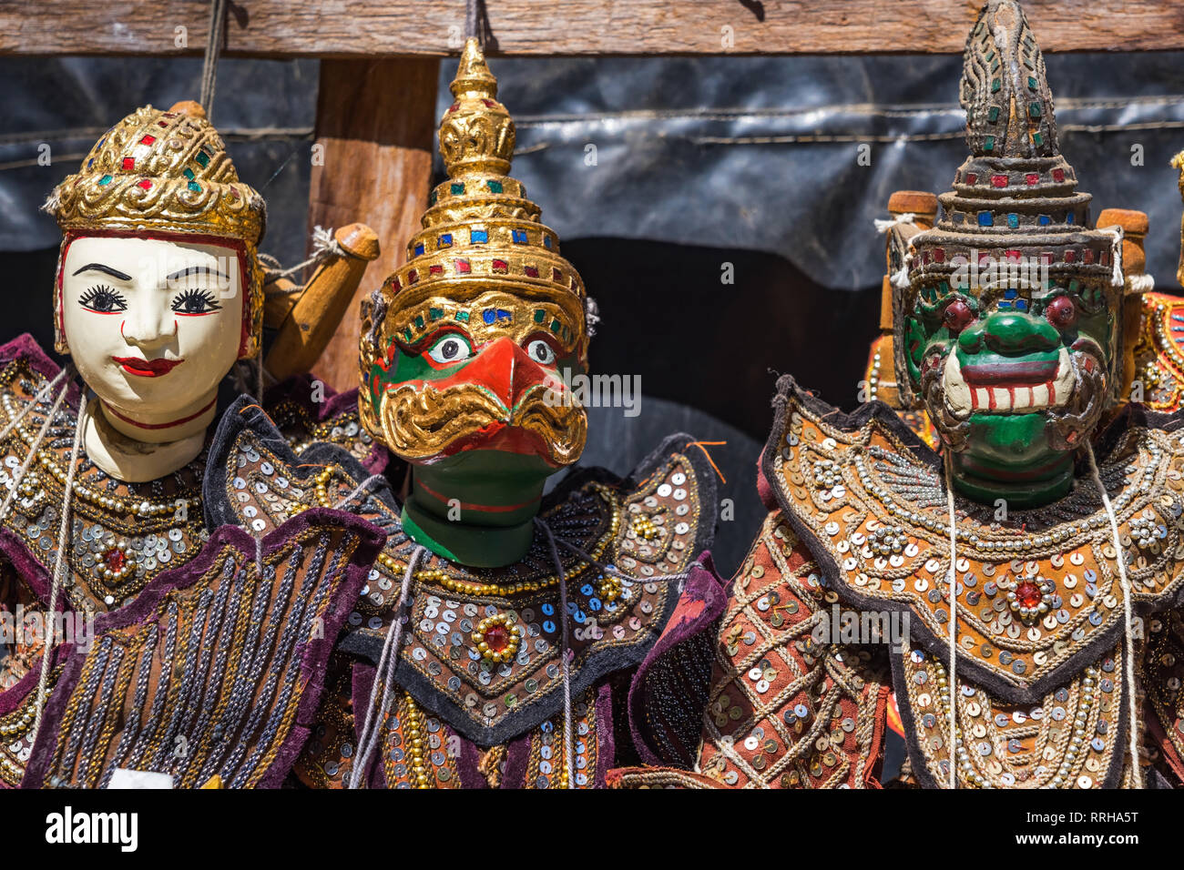 Traditional handicraft puppets for sale in the ancient pagoda in Bagan ...