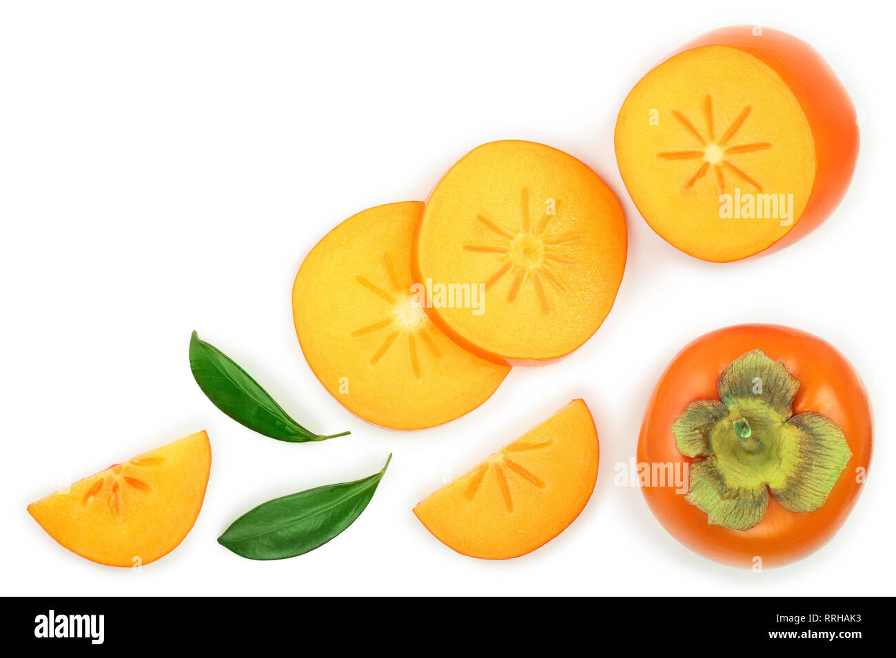 persimmon slice with leaves isolated on white background with copy ...