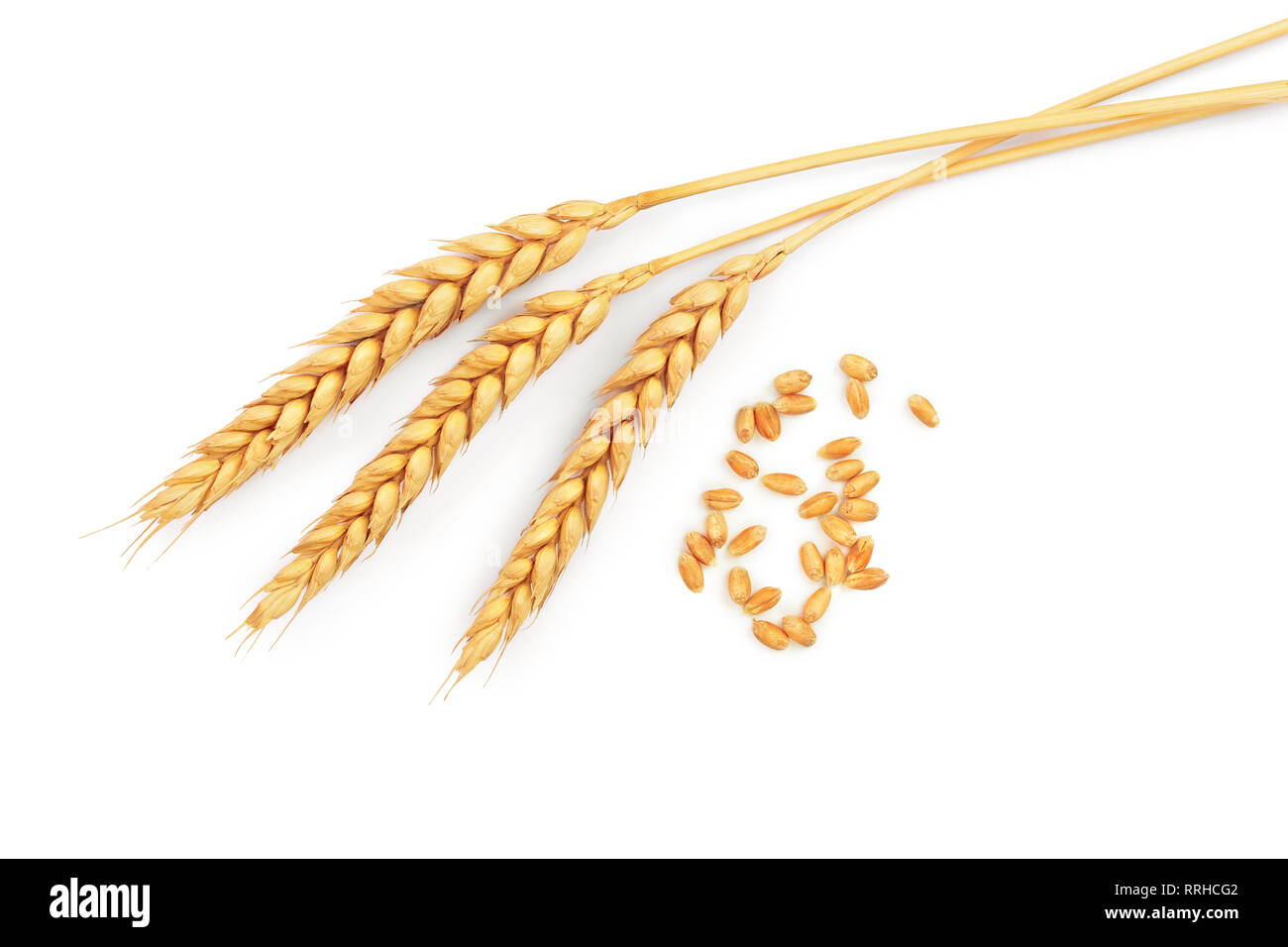 grain and ears of wheat isolated on white background. Top view Stock ...