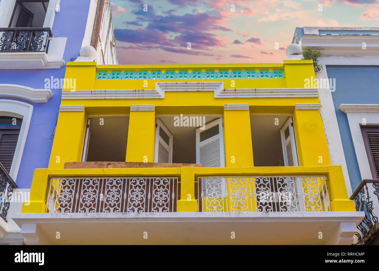 A colorful odl building on the narrow streets of Old San Juan, Puerto ...