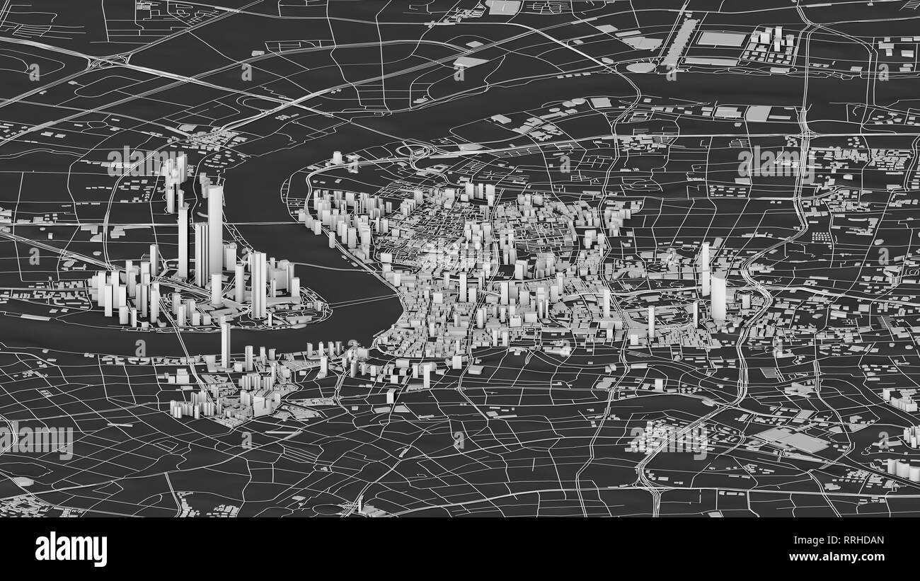 Satellite view of Shanghai, map of the city with house and building ...