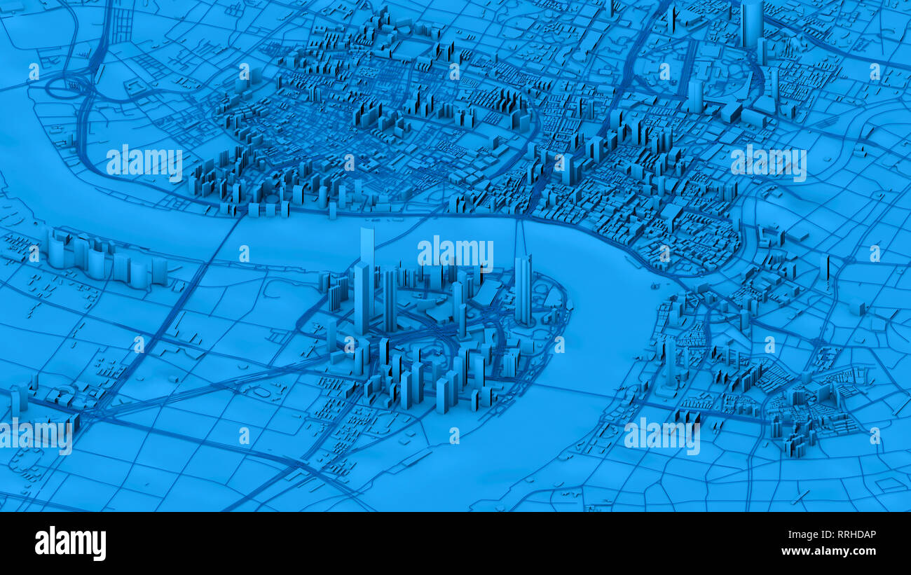 Satellite view of Shanghai, map of the city with house and building ...