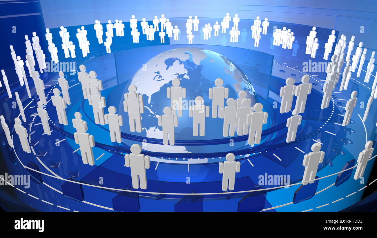 High resolution 3D render of Earth globe with abstract shapes and icon people rotating around ...