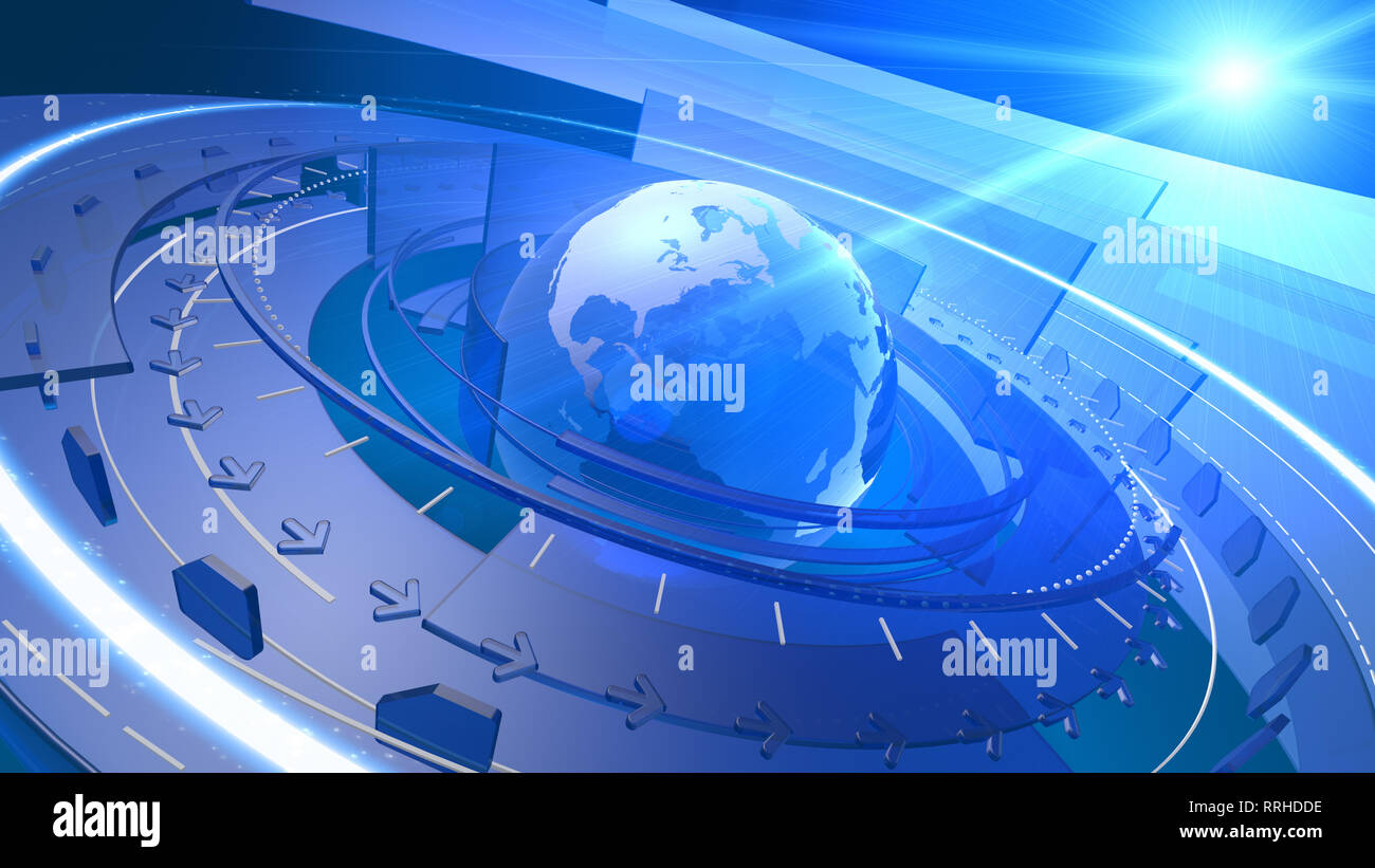 High resolution 3D render of Earth globe with abstract shapes rotating around, communication ...