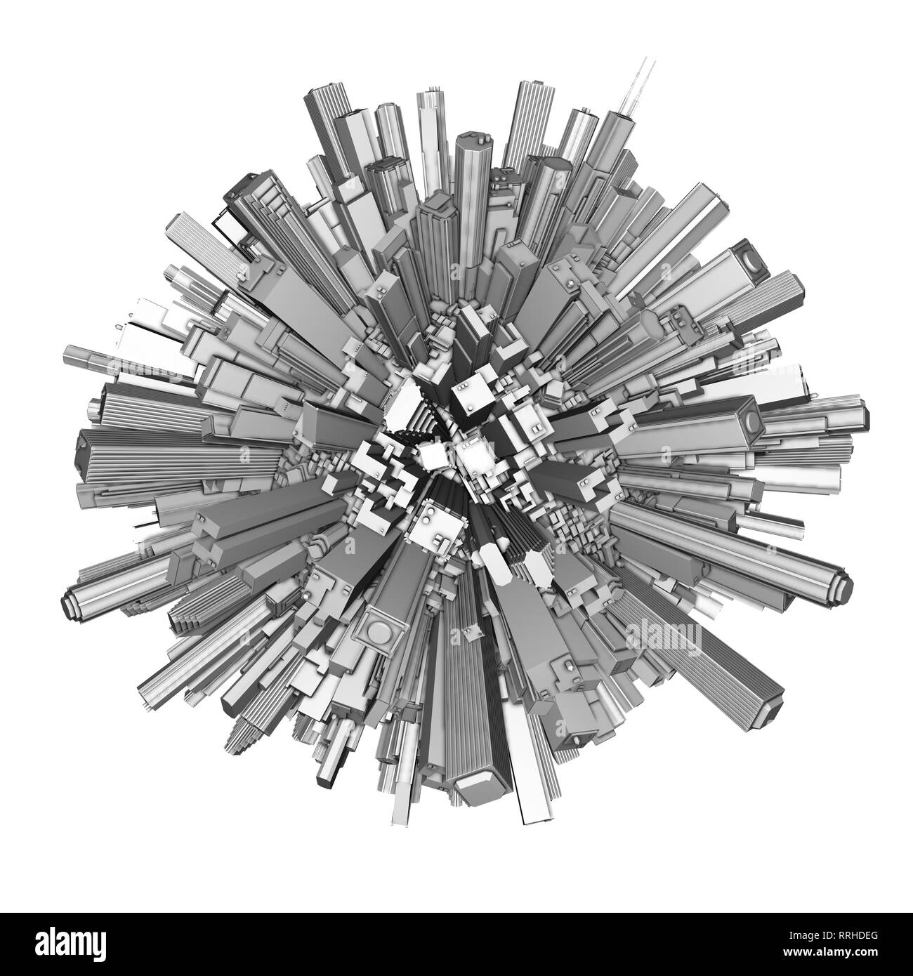 City buildings wrapped around a sphere, 3D illustration. Not a pre-set ...