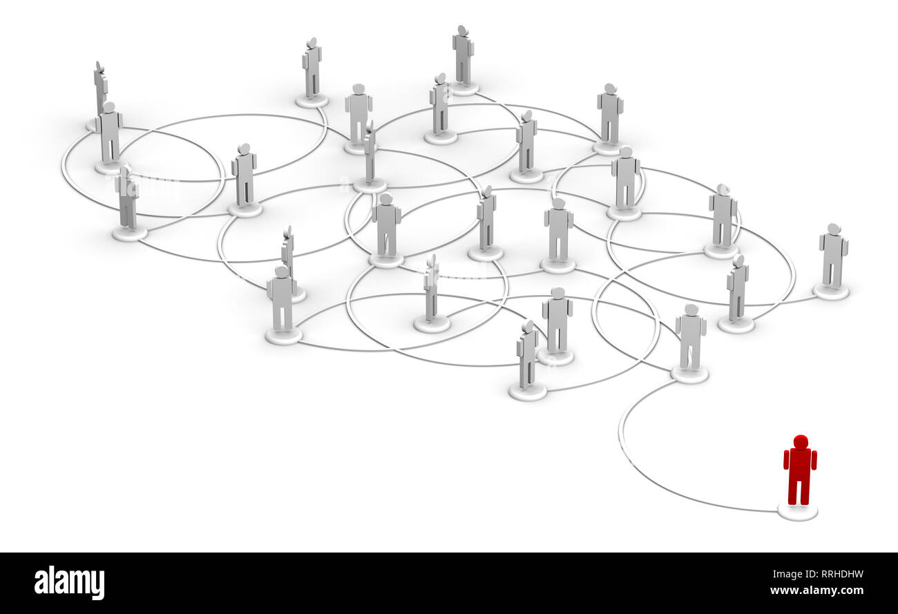 High resolution 3D illustration of one red person linked to a network ...