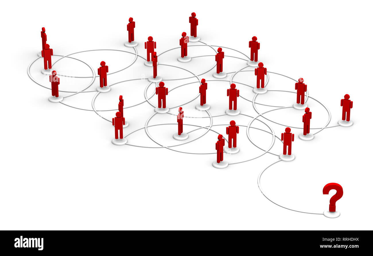 High resolution 3D illustration of question mark linked to a network of ...