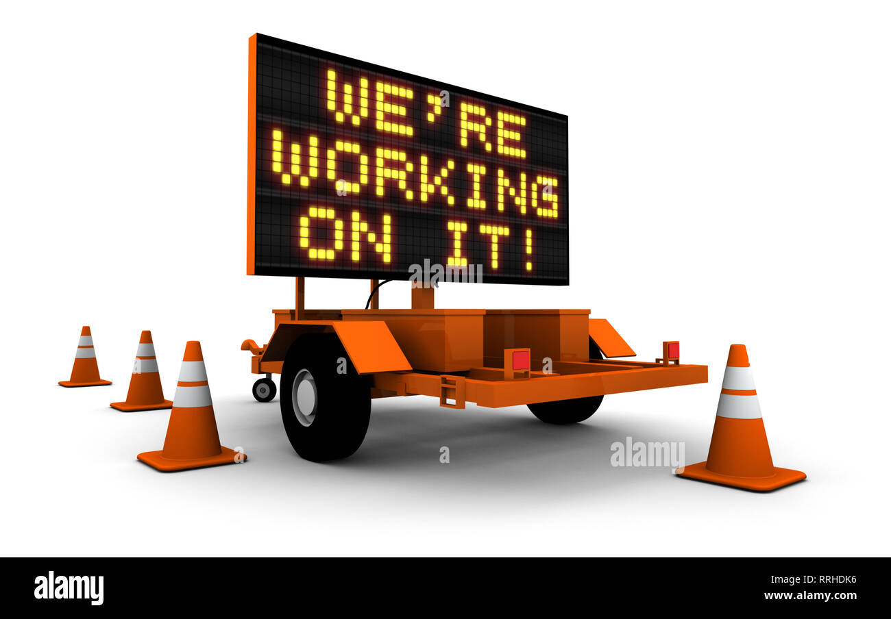 High resolution 3D render of construction sign message board and cones ...