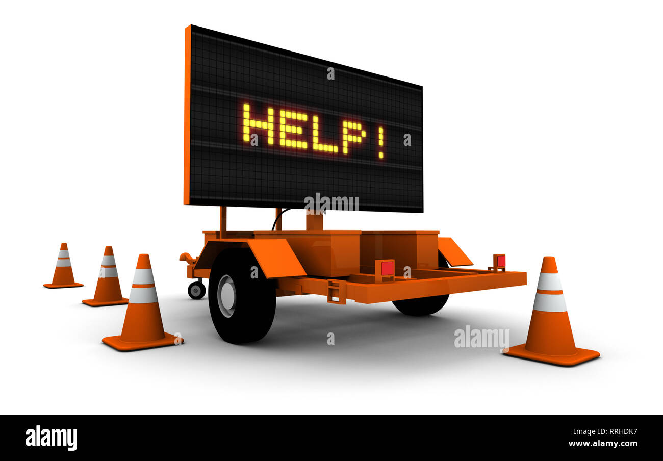 High resolution 3D render of construction sign message board and cones ...