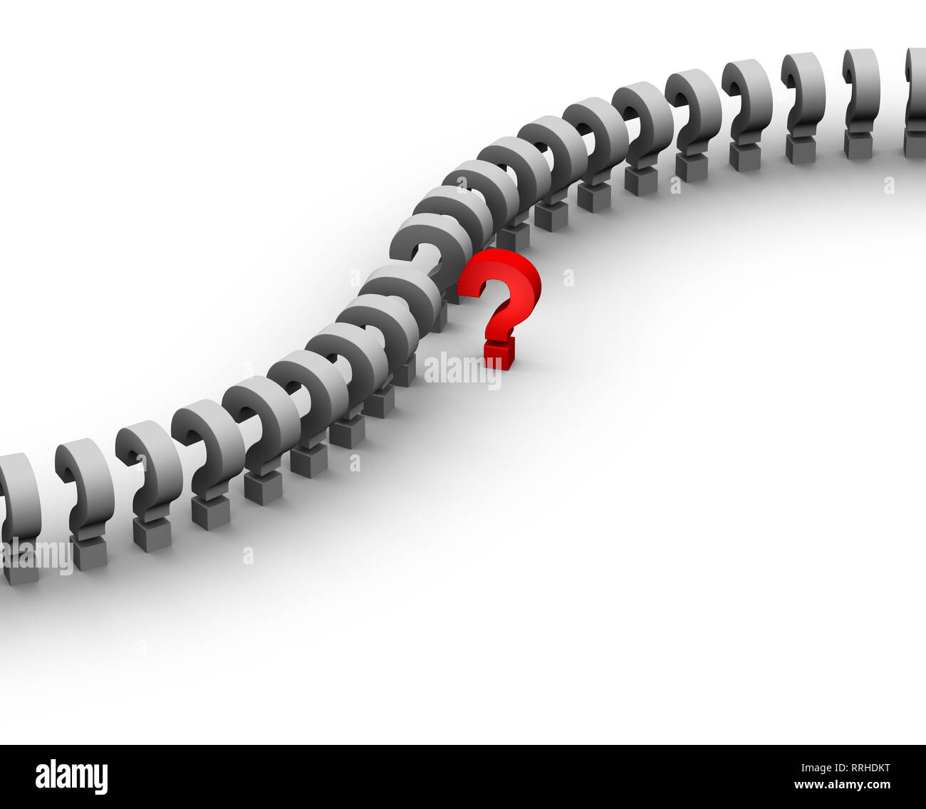 3D illustration of many question marks in an arc layout - one question ...