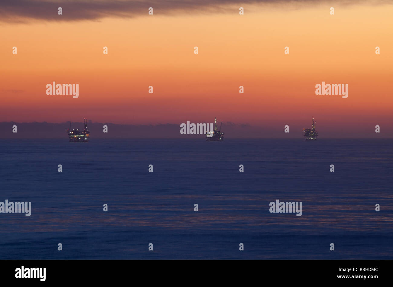 Three large Pacific Ocean oil rig drilling platforms off the southern ...