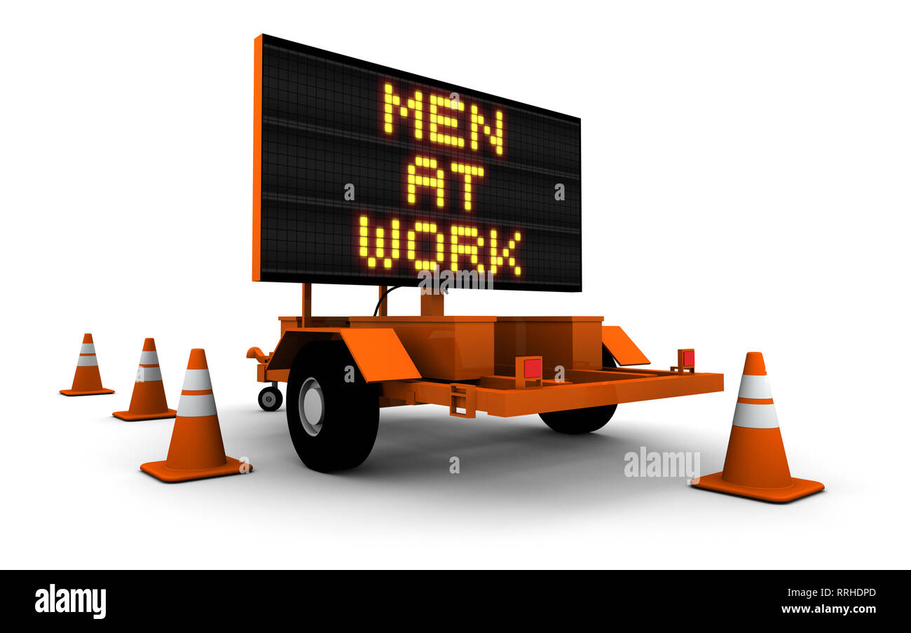 High resolution 3D render of construction sign message board and cones ...