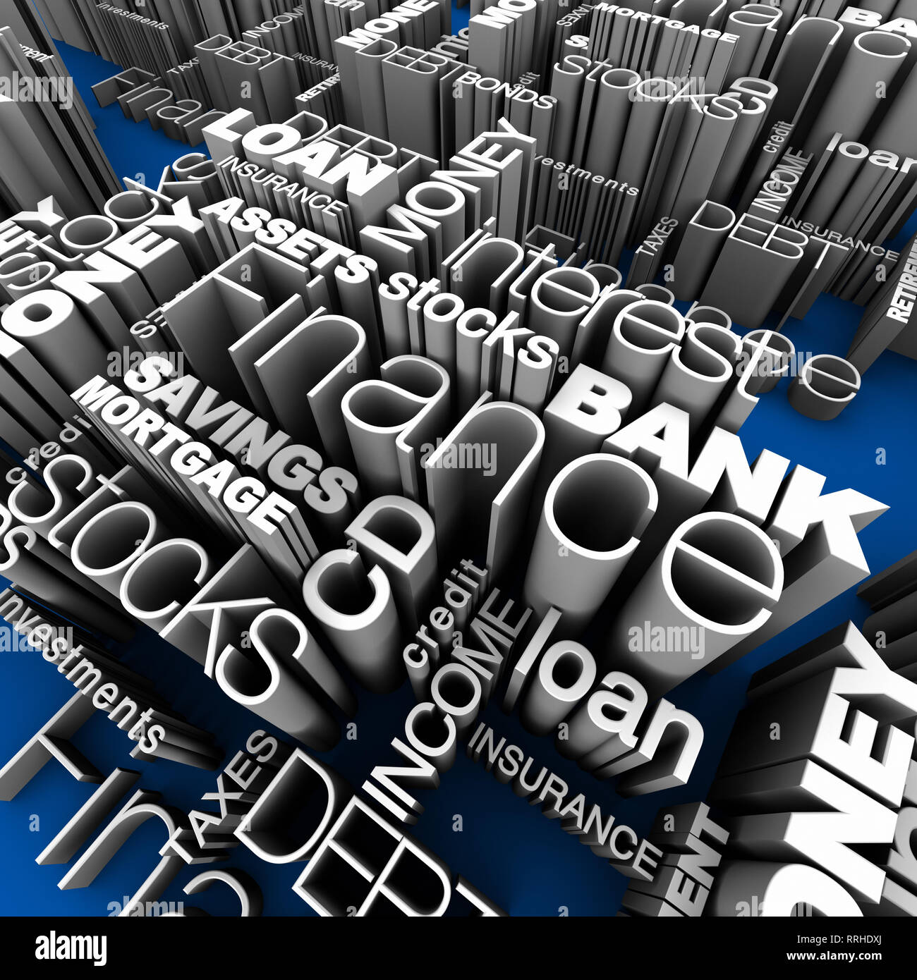 Financial Words 3D illustration. Various financial terms in 3D on blue ...