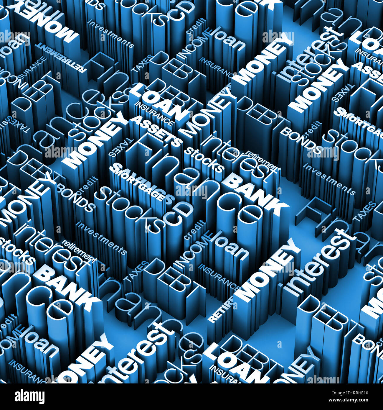 Financial Words 3D illustration. Various financial terms in 3D on blue ...