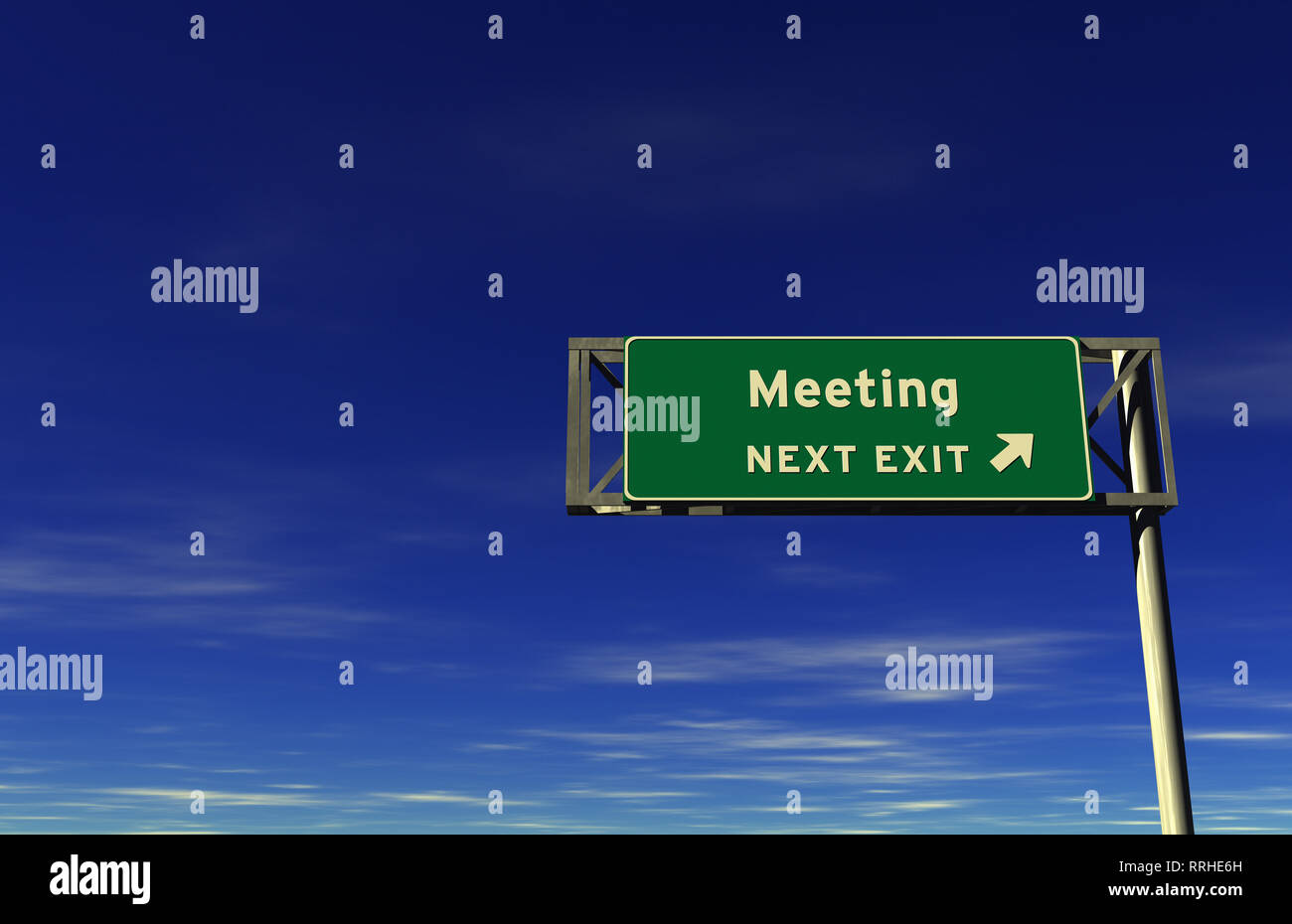 Super high resolution 3D render of freeway sign, next exit... Meeting ...
