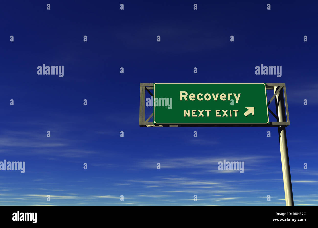 Super high resolution 3D render of freeway sign, next exit... Recovery ...