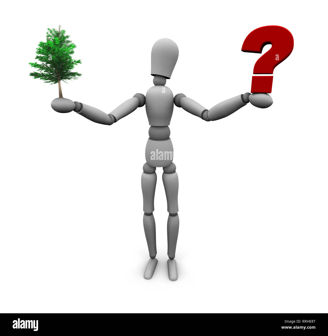 3D mannequin holding a green tree in one hand and a red question mark ...