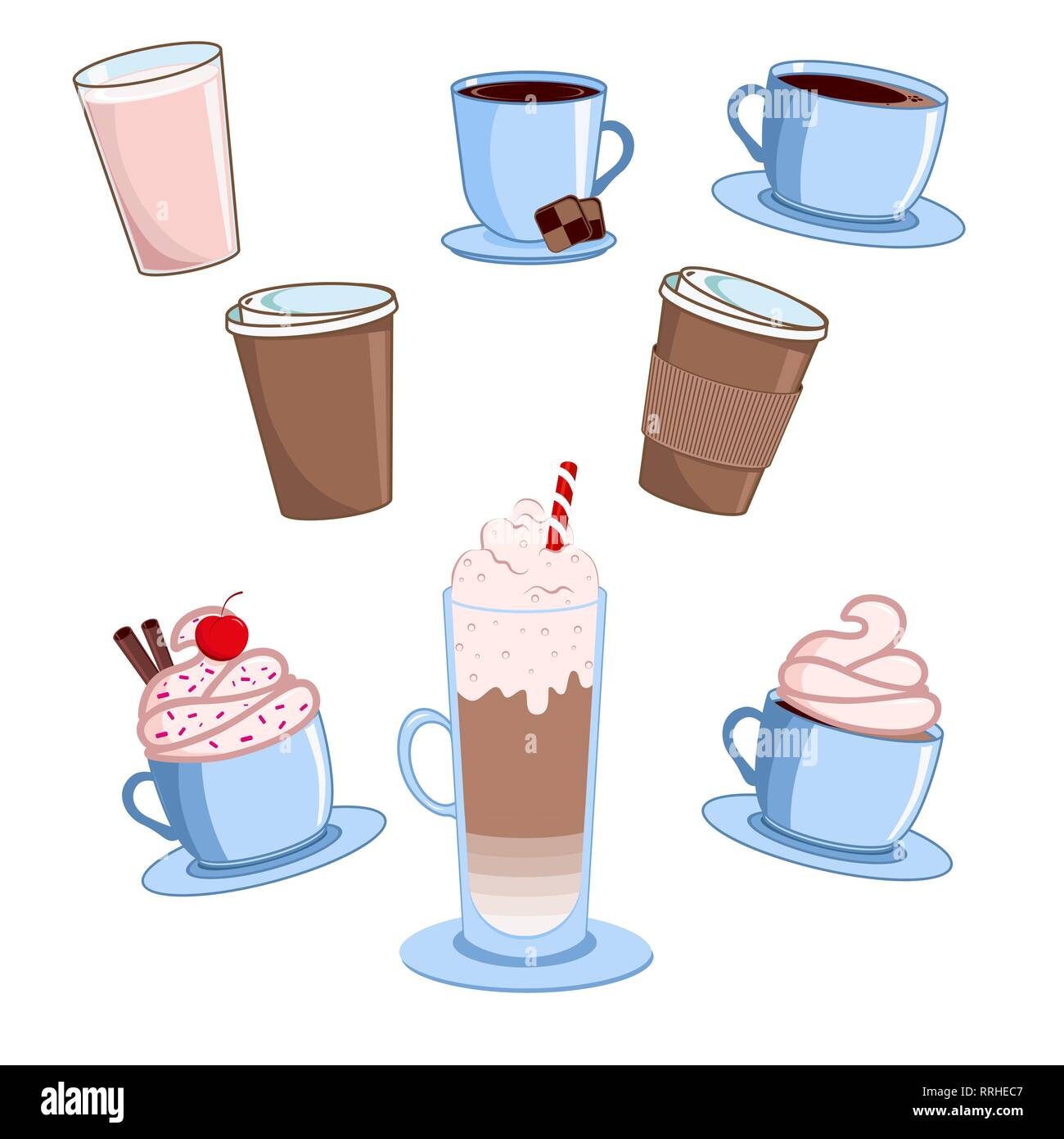 Coffee cups set. Various cute cafe drinks. Vector illustration Stock ...