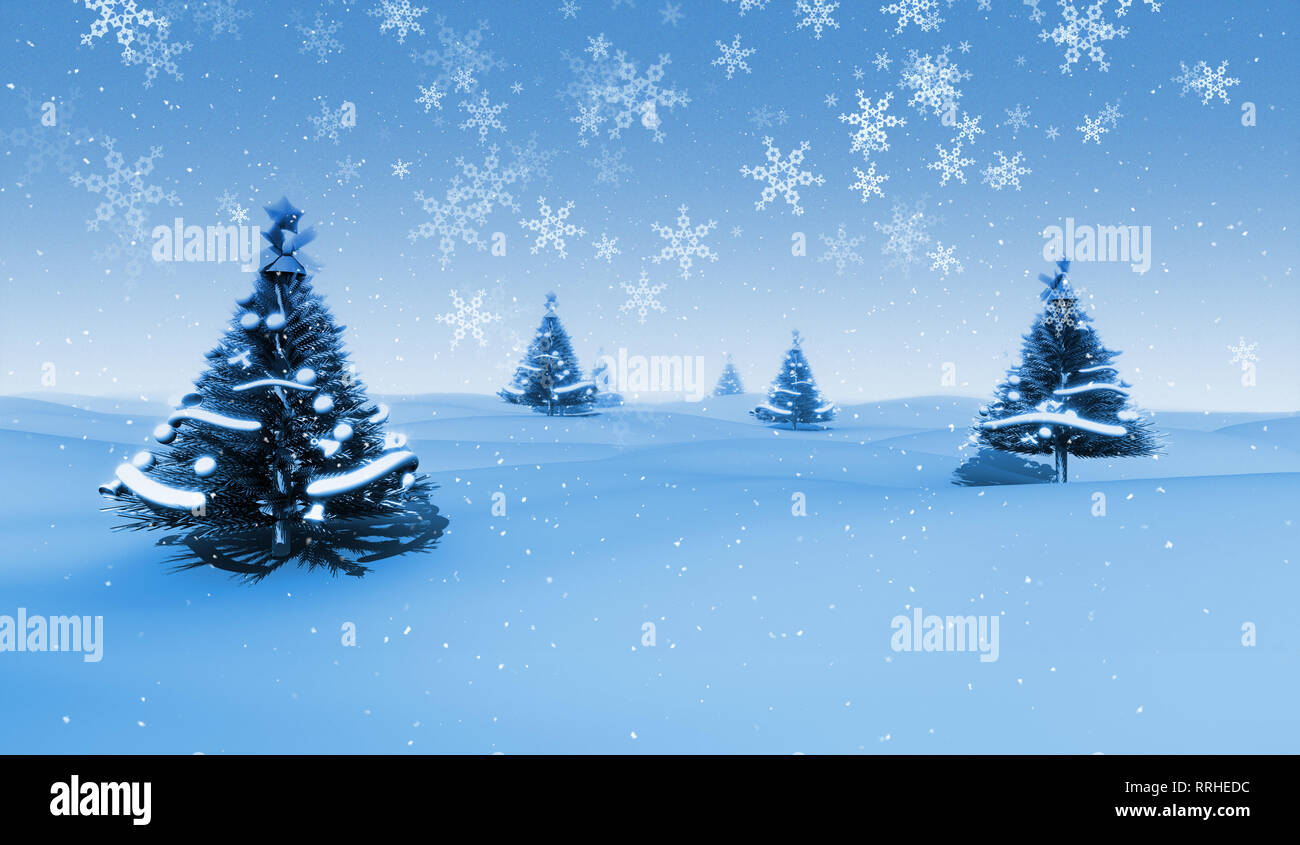 3D render of Christmas trees, snow and snowflakes falling Stock Photo ...