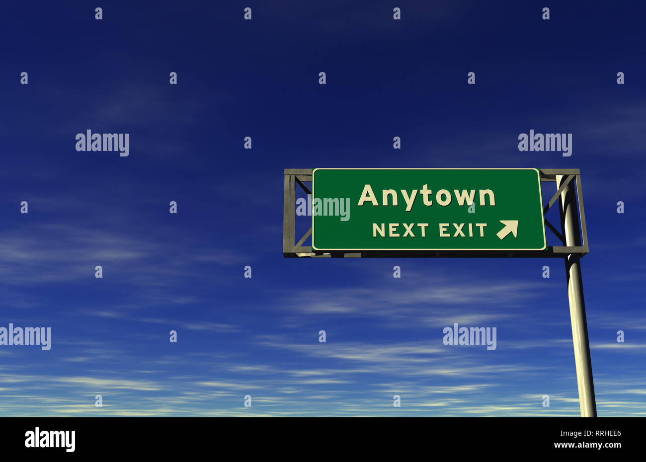 Super high resolution 3D render of freeway sign, next exit... Anytown ...