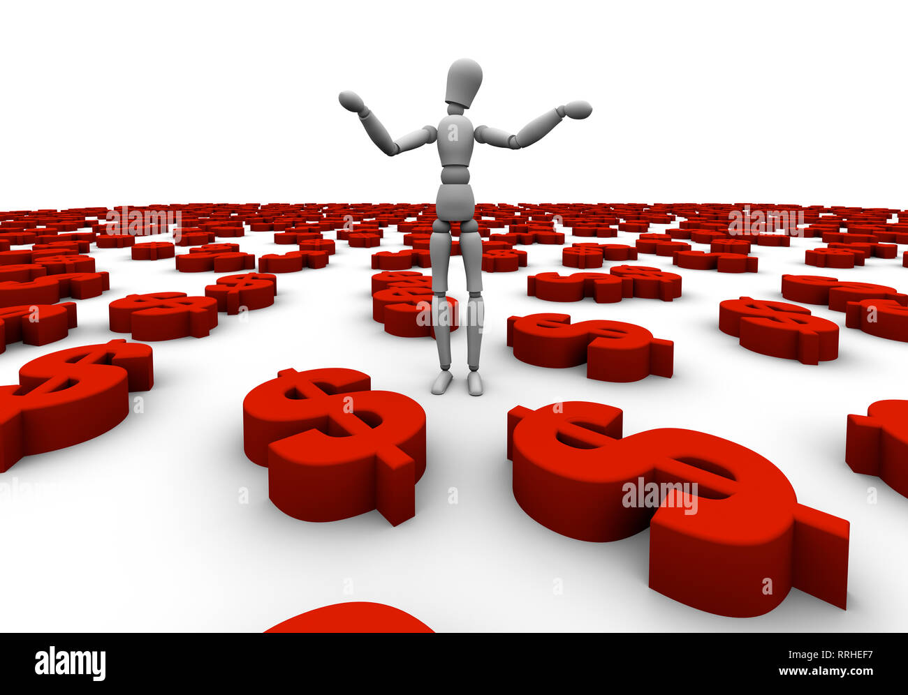 3D render of a confused mannequin standing in a sea of red $ Dollar ...