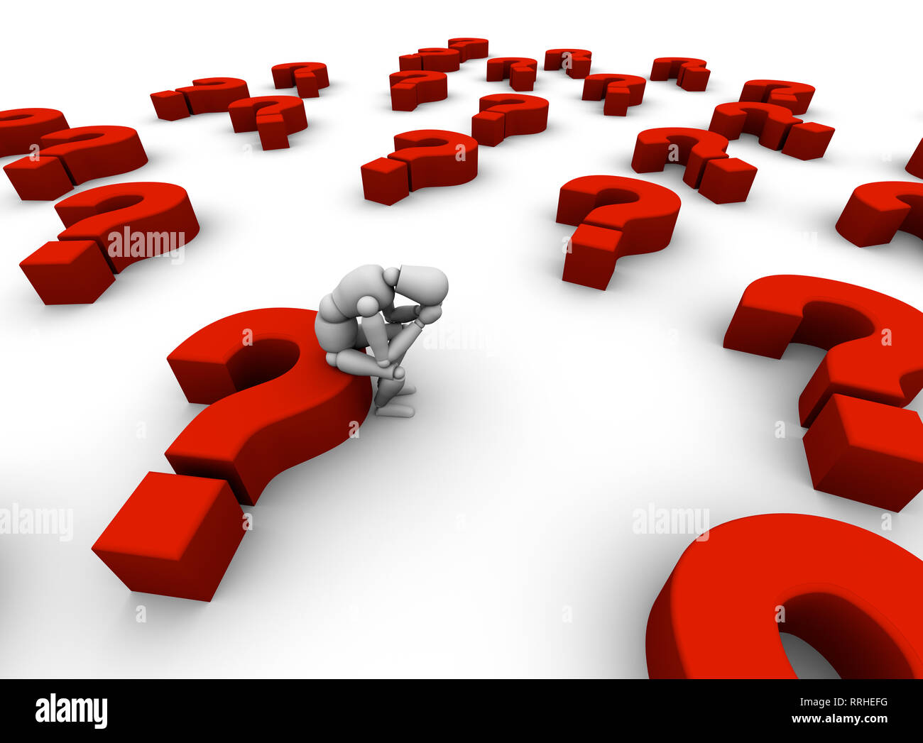 3D illustration of a sad mannequin sitting in a sea of red question ...