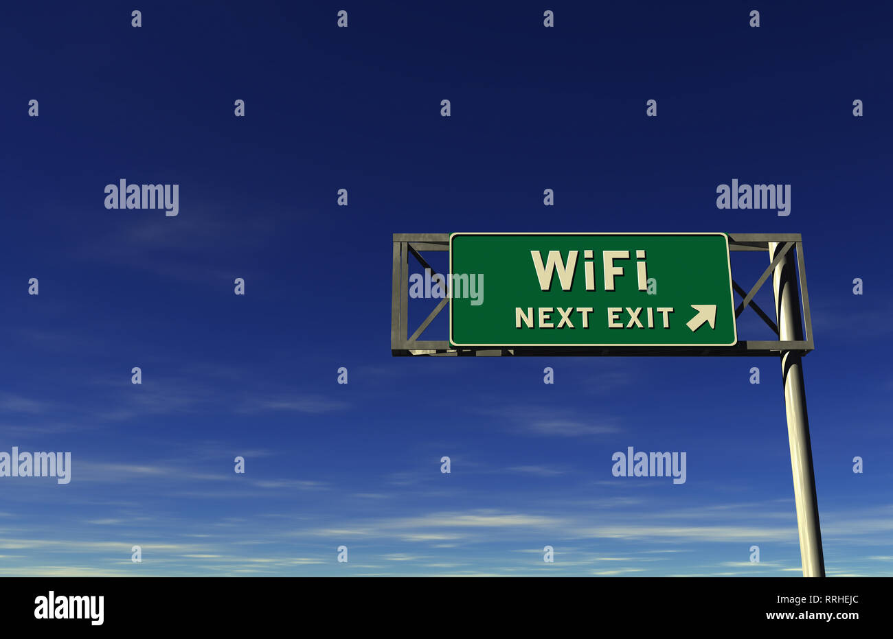 Super high resolution 3D render of freeway sign, next exit... WiFi ...