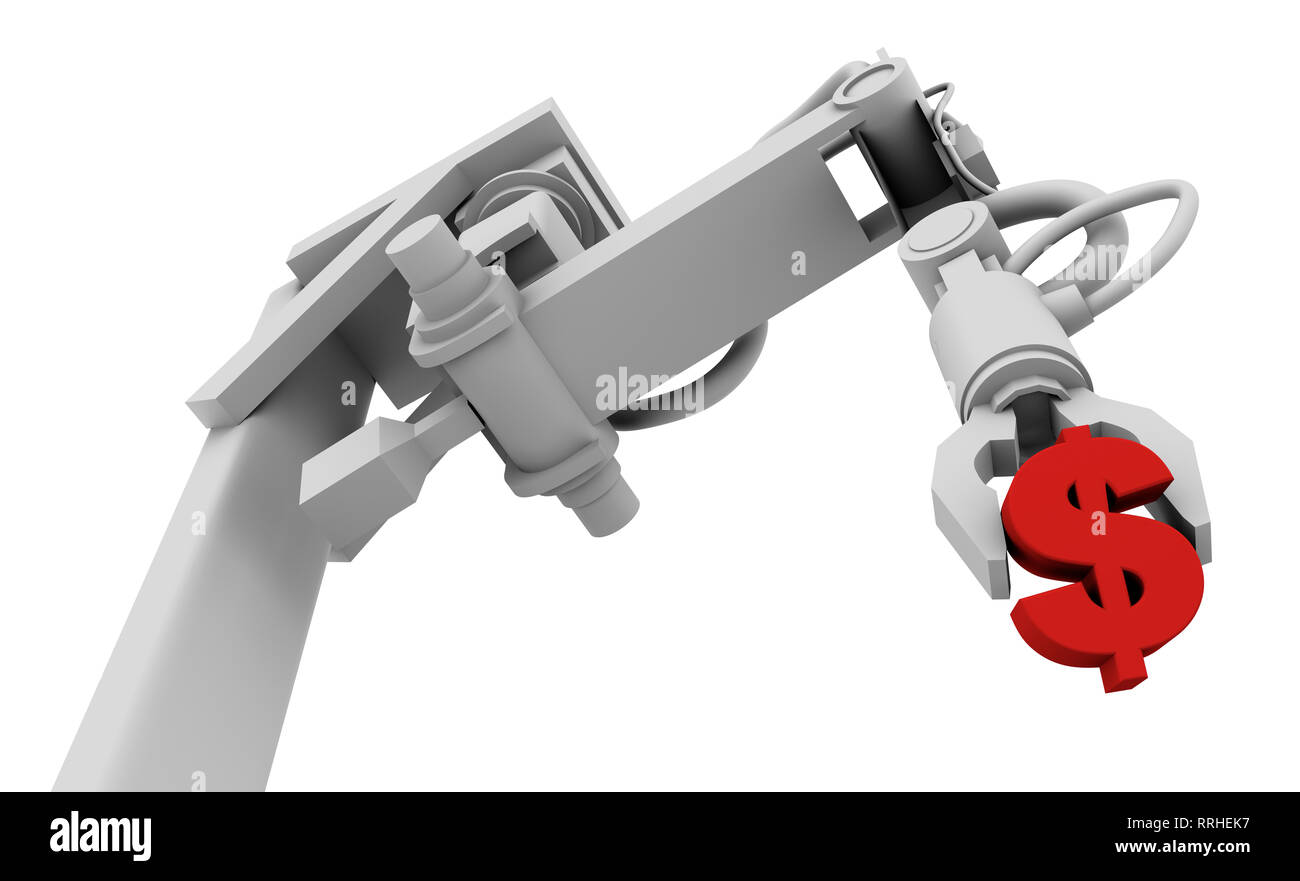 Dollar Symbol in Grip of Robot Arm, 3D illustration isolated on white ...