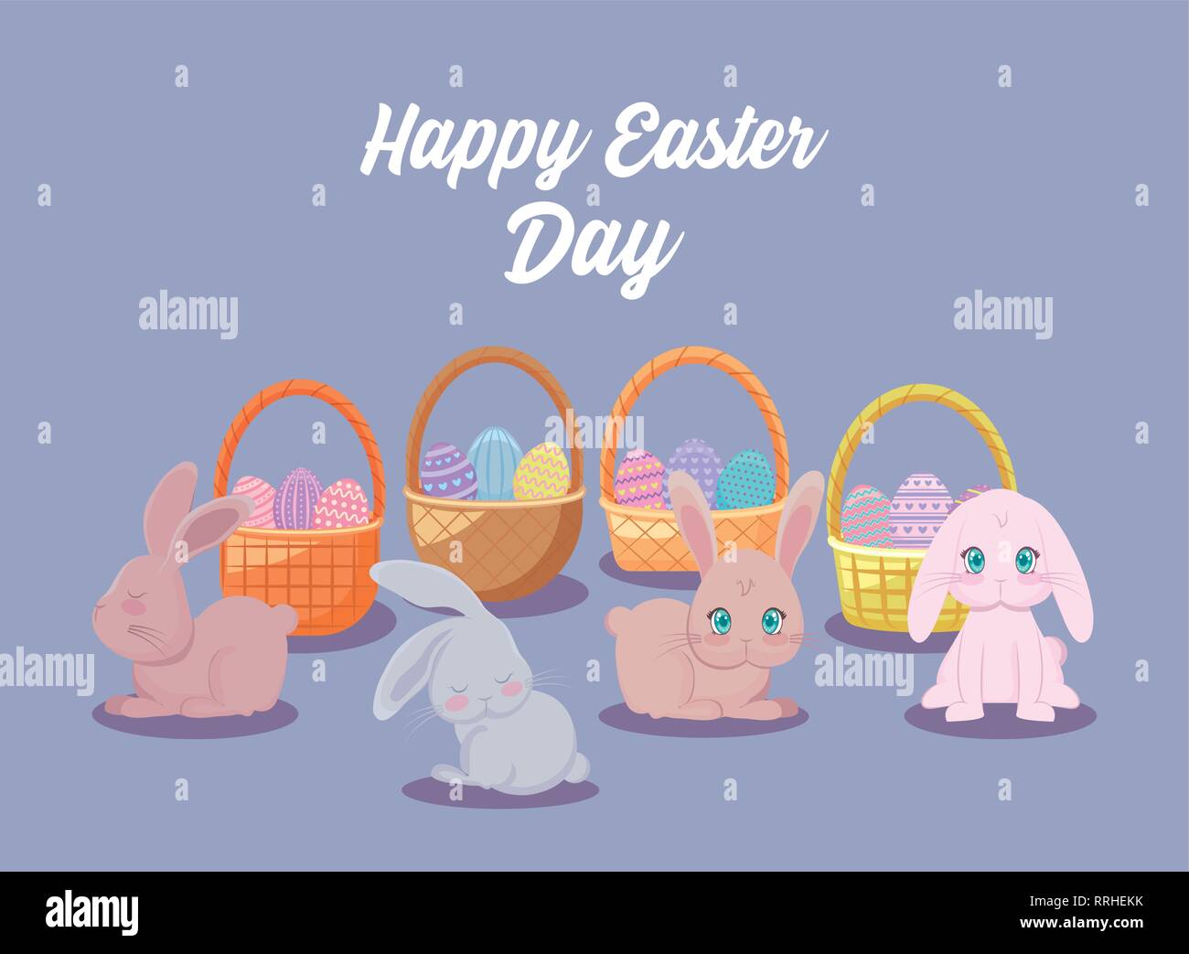 happy easter day card with cute rabbits and baskets wicker vector ...