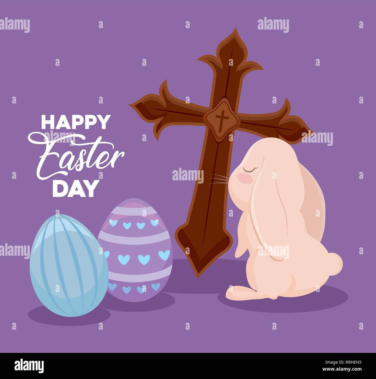 happy easter day card with cute rabbit and cross vector illustration ...