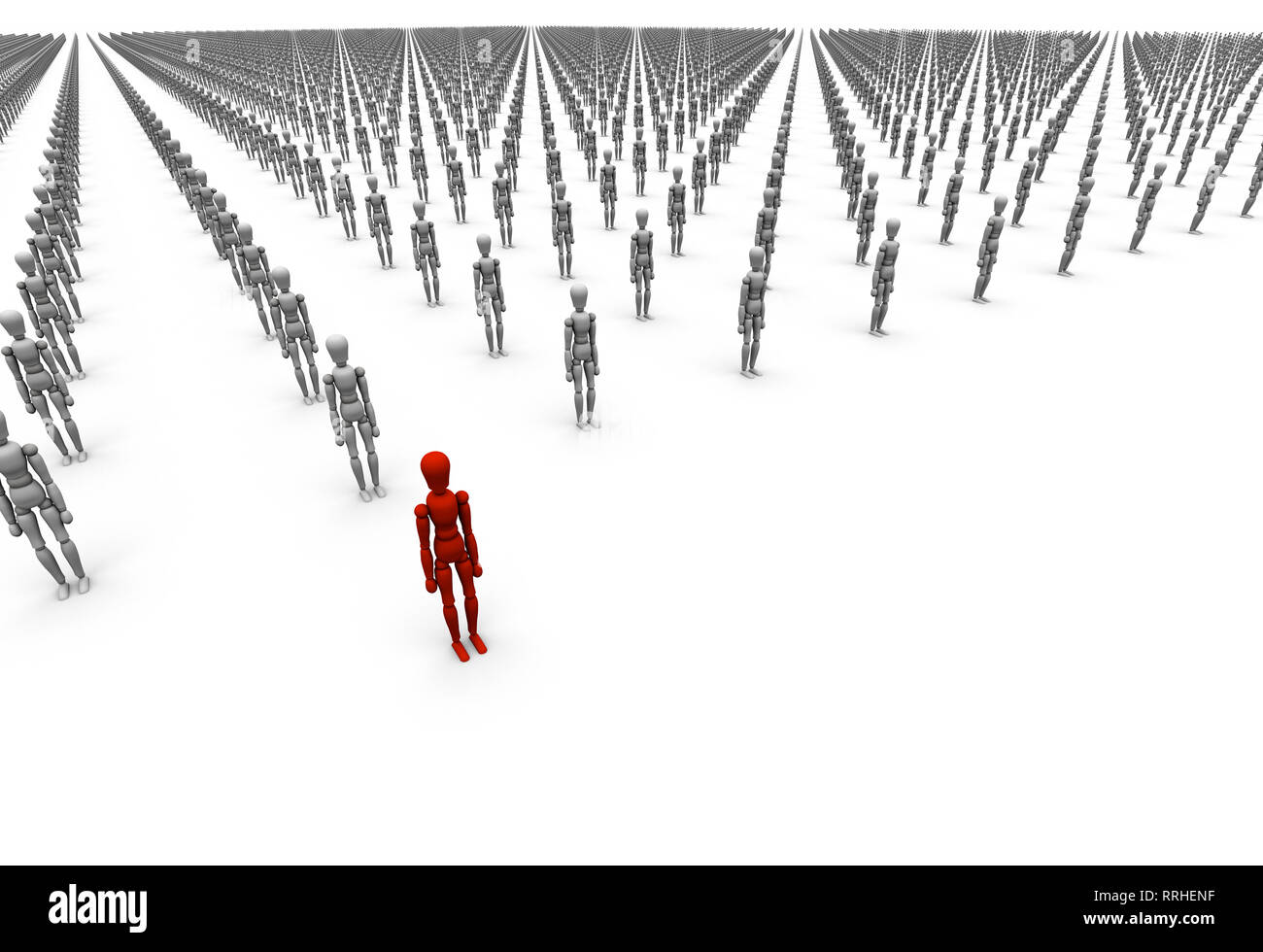 Huge crowd of 3D mannequins, one red one standing apart from the rest ...