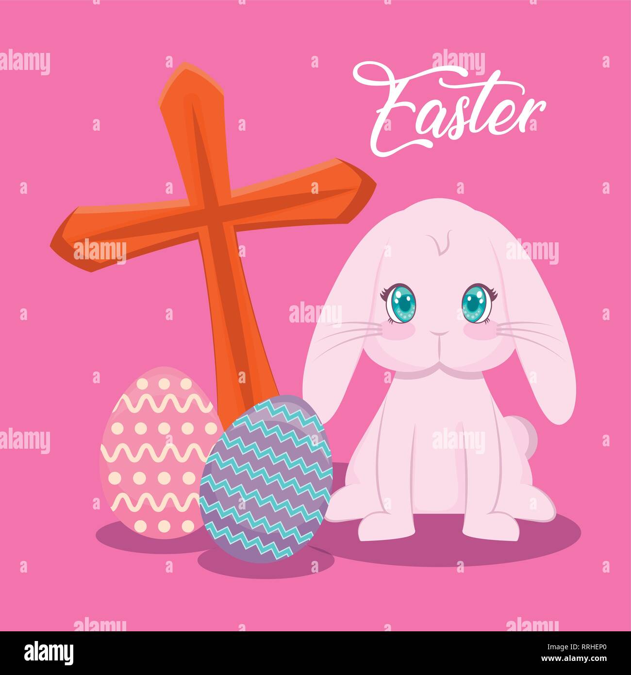 happy easter day card with cute rabbit and cross vector illustration ...