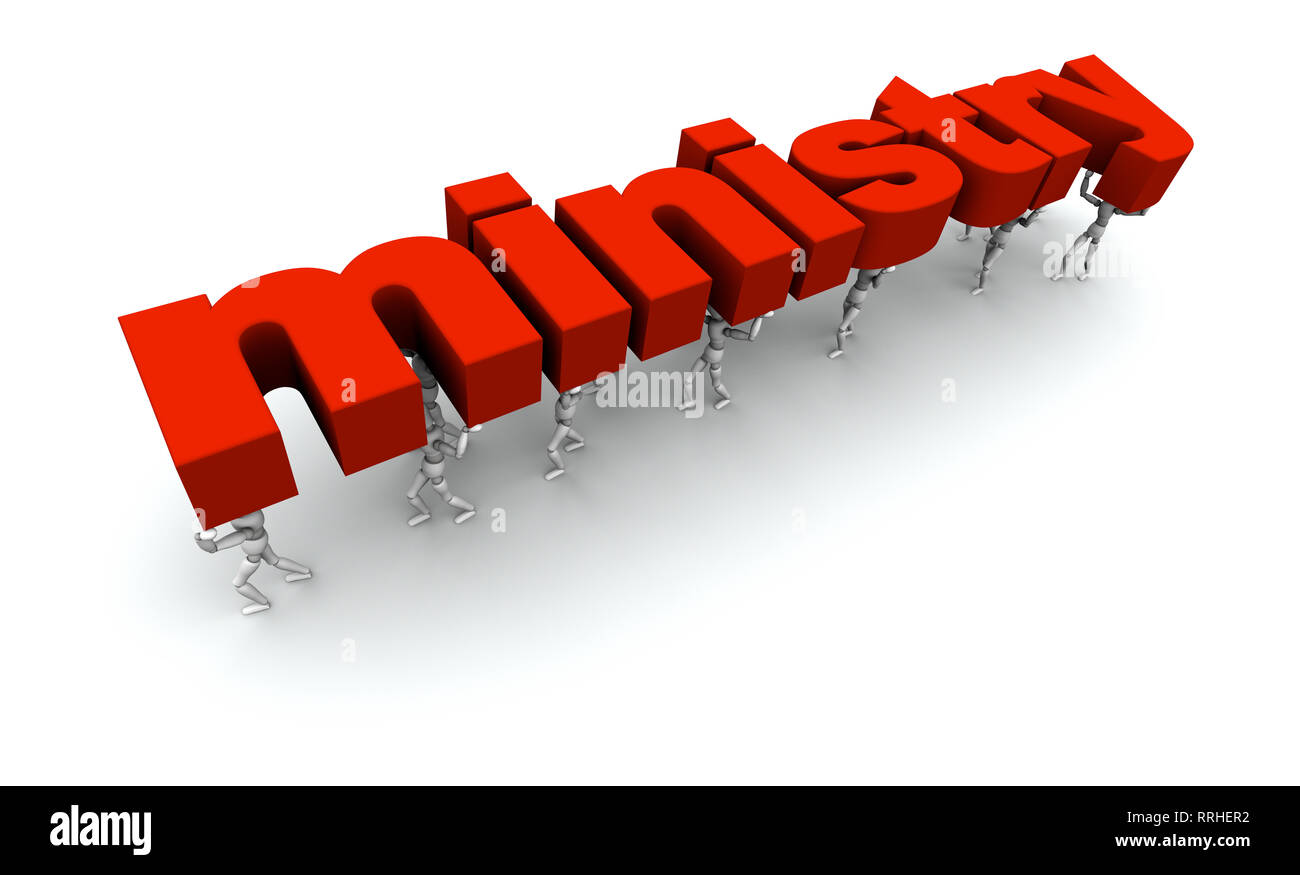 3D mannequins carrying the word 'ministry' in red. 3D illustration ...