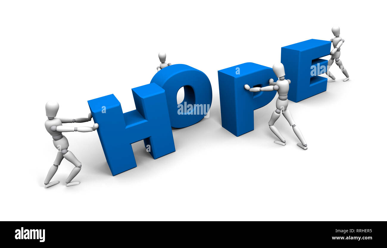 3D mannequins pushing blue letters together to spell HOPE Stock Photo ...