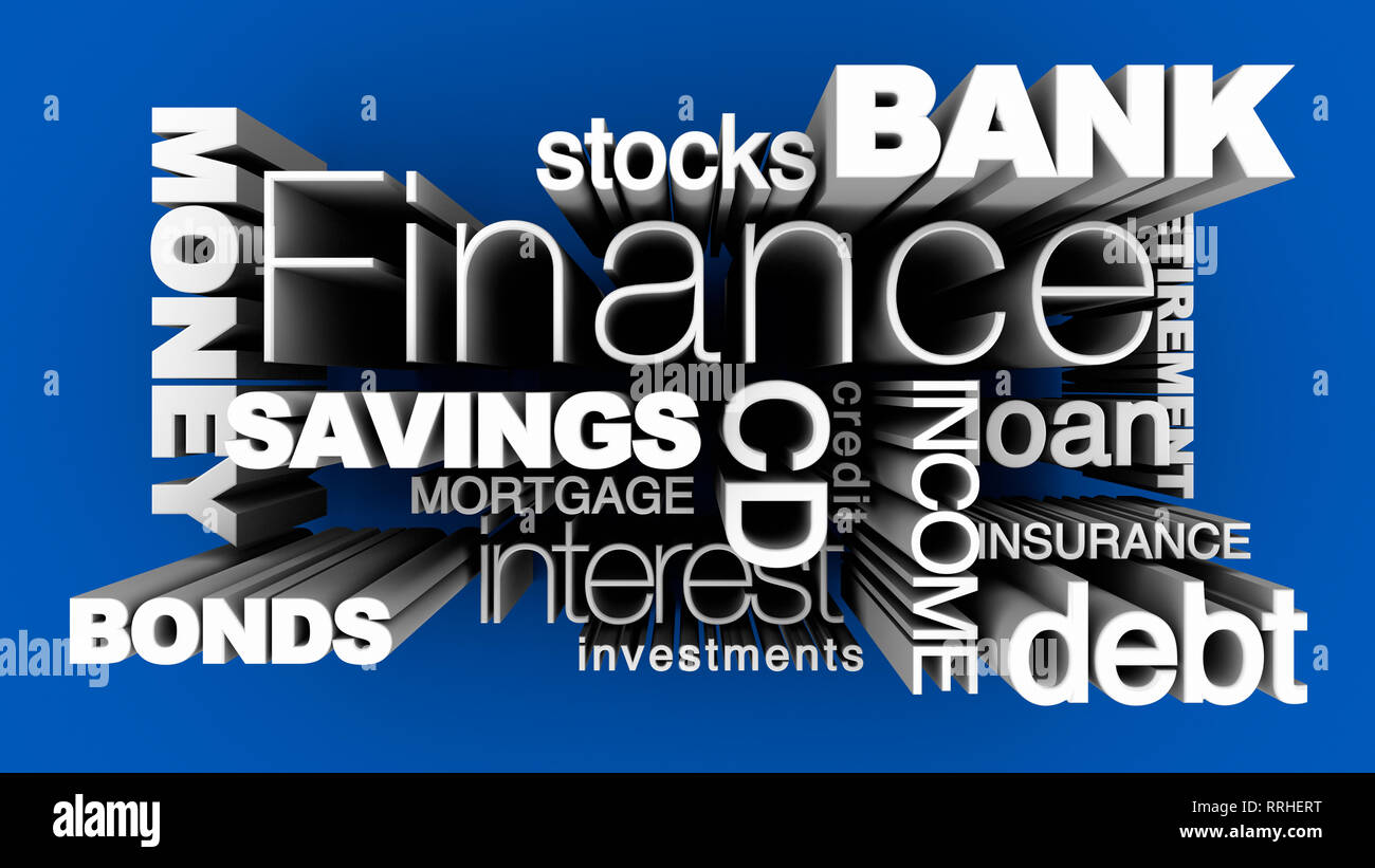 3D illustration of various financial words on blue background Stock ...