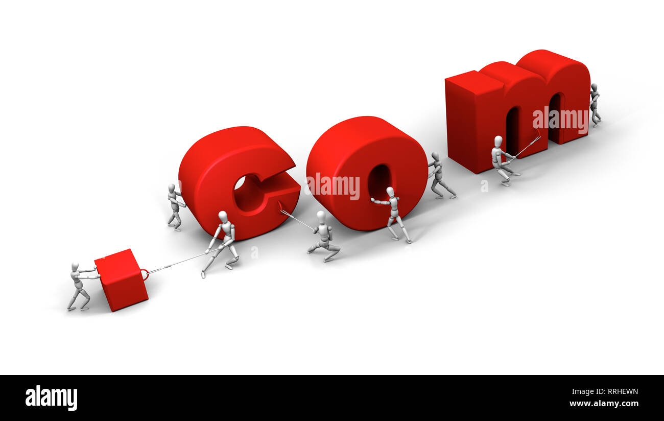 Eight 3D mannequins pushing and pulling letters to form the word '.com ...