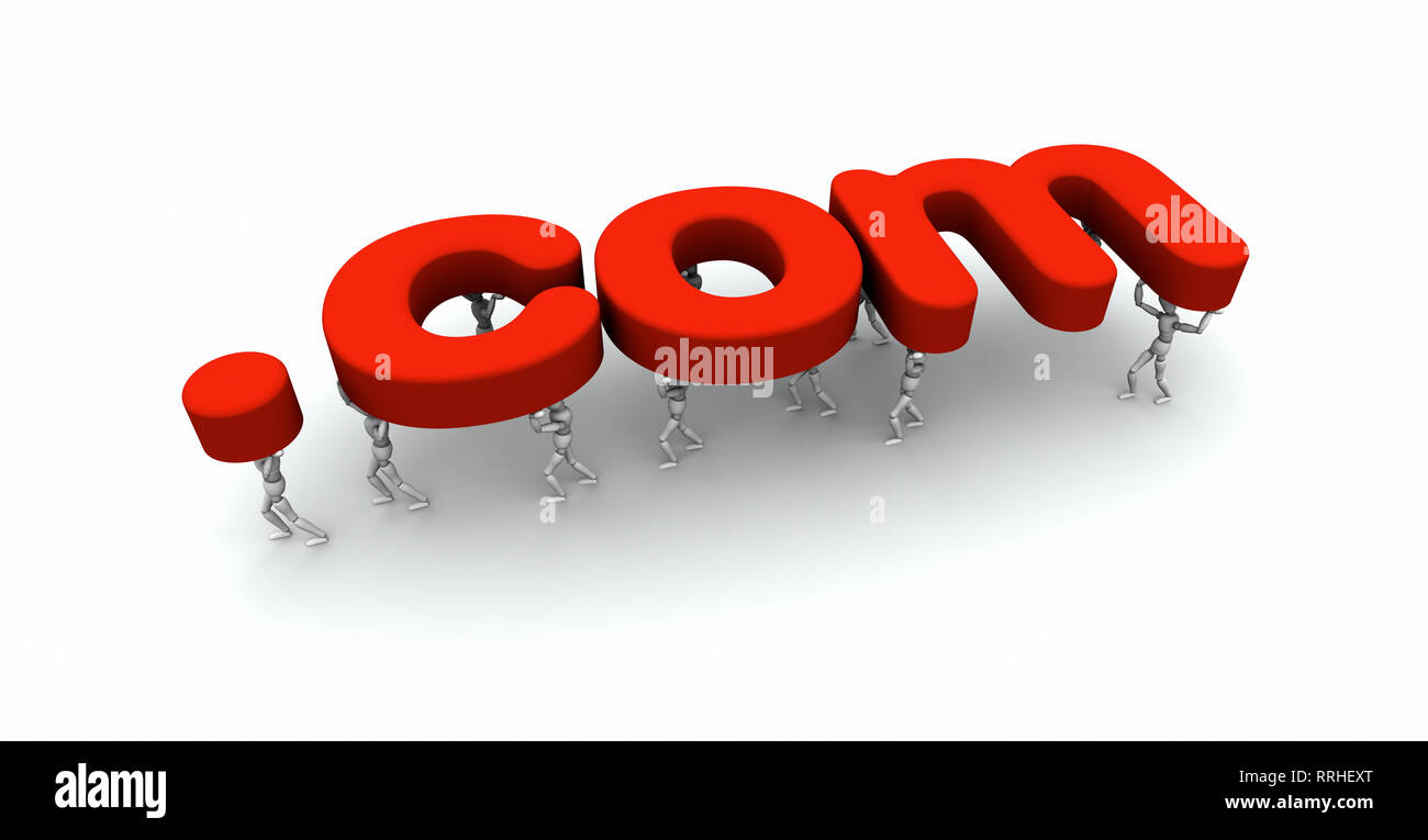 3D mannequins carrying the word '.com' in red. 3D illustration isolated ...