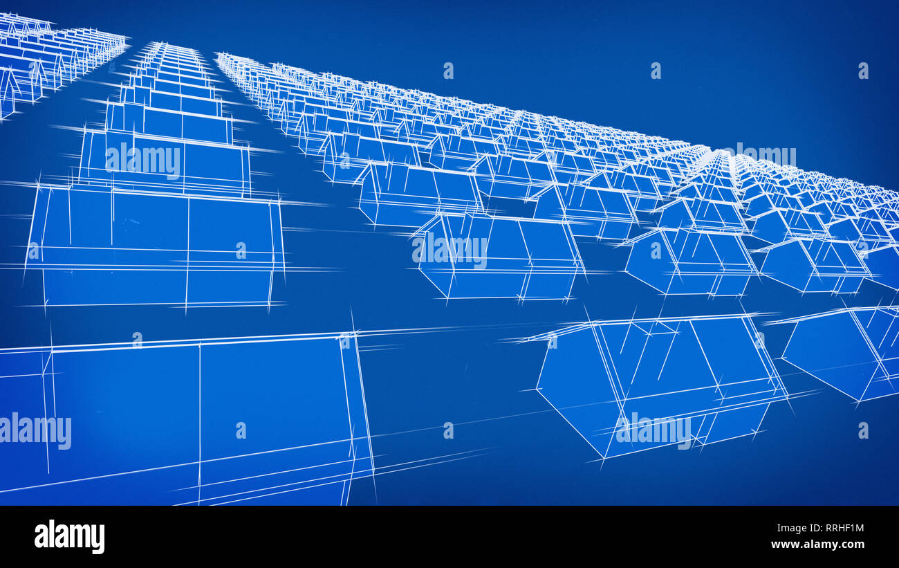 Illustration of houses, with blueprint look. Blueprint effect includes ...