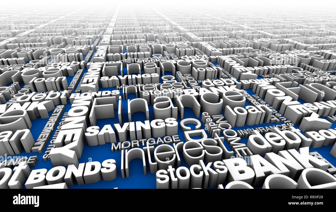 High resolution 3D illustration, white financial words and a blue ...