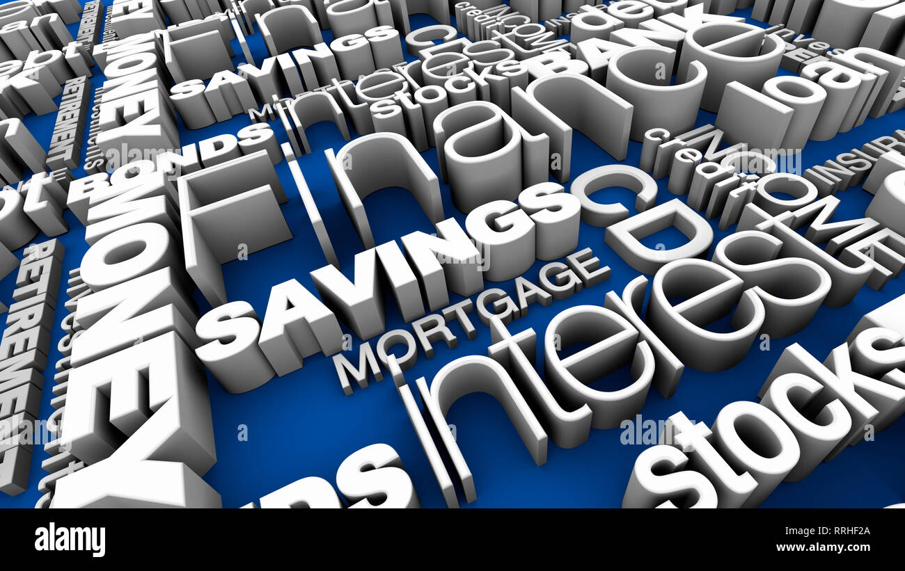 High resolution 3D illustration, white financial words and a blue ... High resolution 3D illustration, white financial words and a blue ...