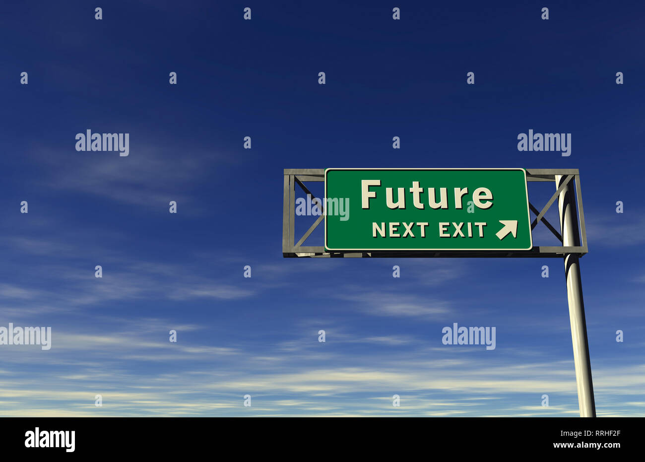 Super high resolution 3D render of freeway sign, next exit... Future ...