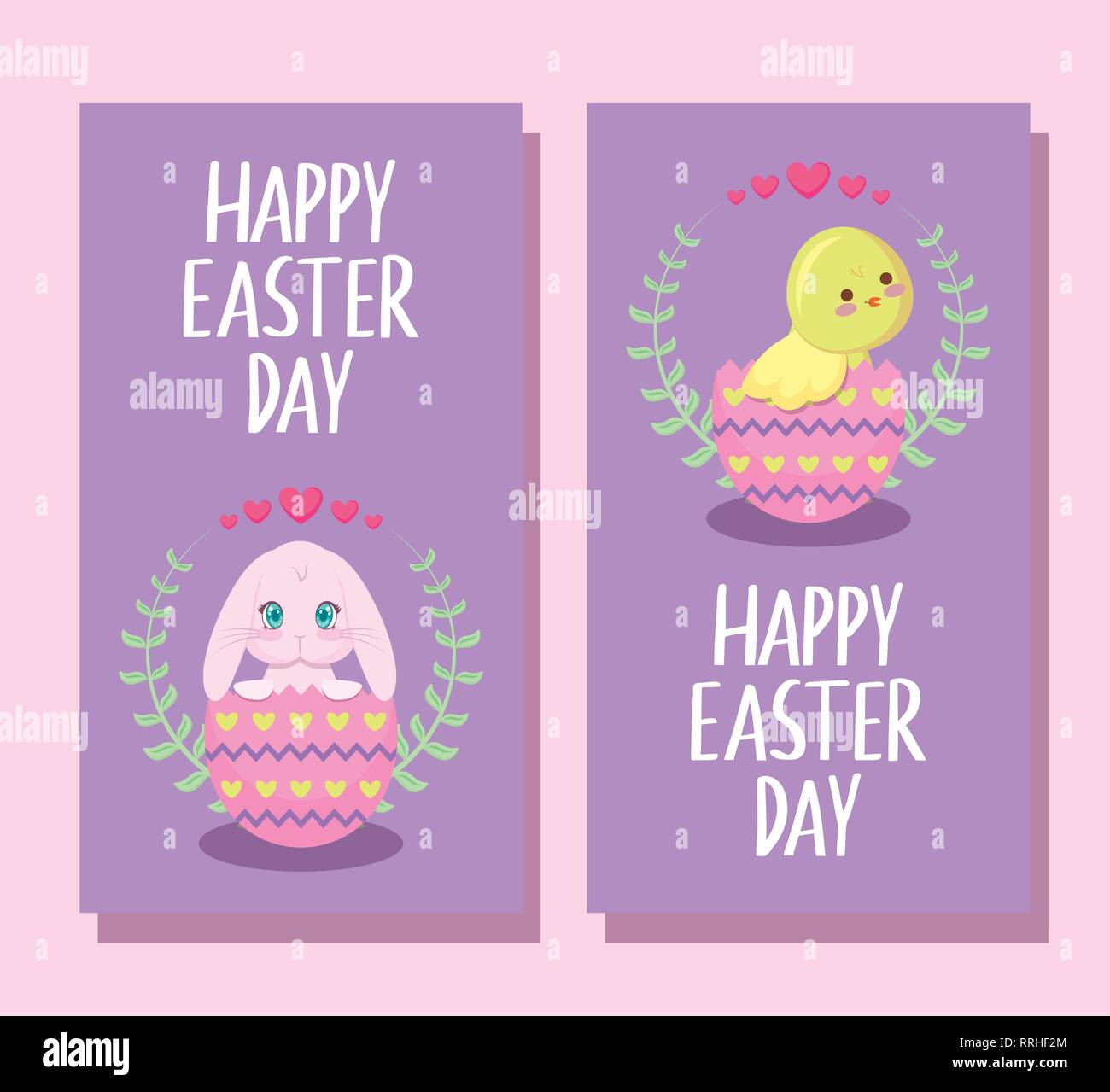 happy easter day cards with cute rabbit and chicken vector illustration ...